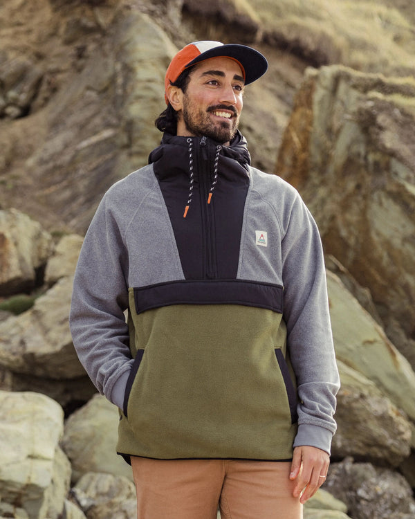Woodland Hooded 1/2 Zip Recycled Polar Fleece Grey Marl/Khaki – Passenger